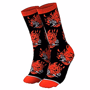 Jinx Cyberpunk 2077 Demon Scatter Embroidered Athletic Crew Socks, Black/Red, 1 Pair