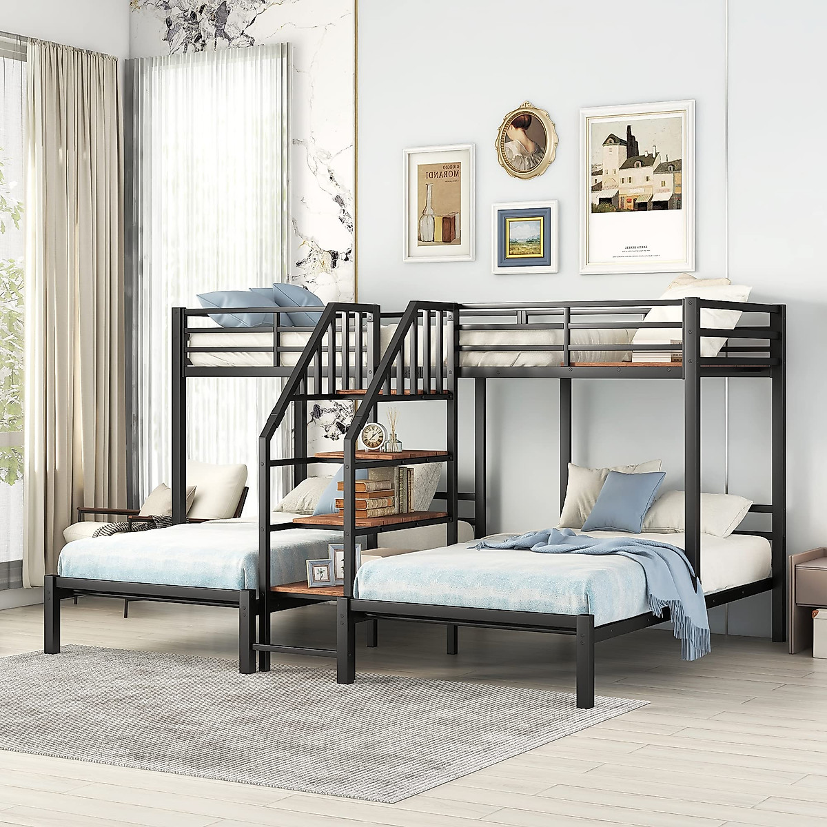 Eafurn L-Shaped Metal Triple Bunk Bed for 3, Twin Over Twin &Twin Bunk Bed with Storage Staircase, Heavy Duty 3 Beds Bunk Bed Frame for Kids Teens Adults