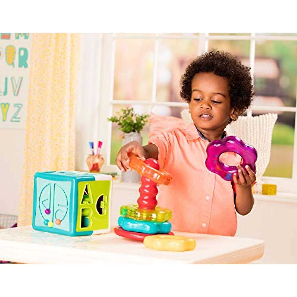 Battat – Sort & Stack Combo – 17-Piece Sensory Sorting Set – Activity Cube With Bead Maze – Educational & Dexterity Toys – 2 Years + – Shape Sorter Cube + Stacking Rings