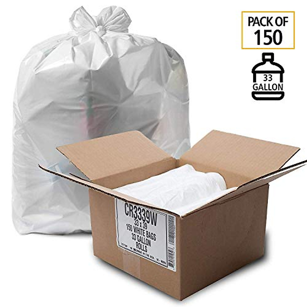 Aluf Plastics 33 Gallon Trash Bags, 33" x 39" , White (Pack of 150) - For Bathroom, Household, Office, and Lightweight Garbage - Coreless Rolls