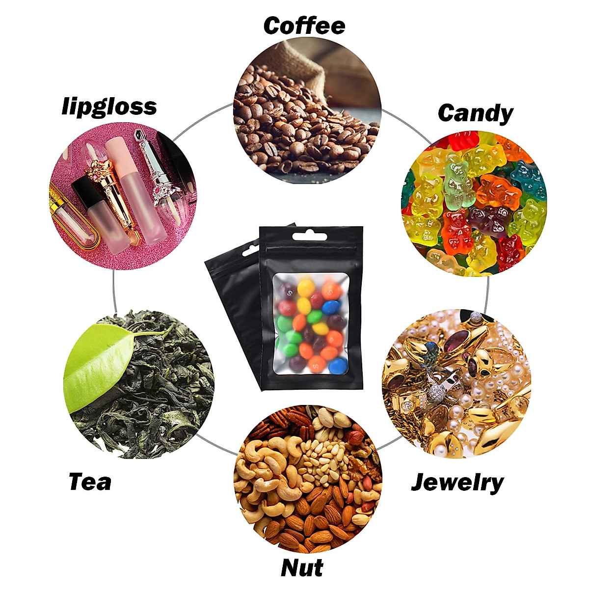 200 PCS 5x8 Mylar Bags with Clear Window Ziplock Packaging Smell Proof Mylar Bags for Food Storage, Packaging Bag for Candy, Cookies and Small Jewelry, Resealable Matte Black Mylar Bags