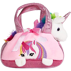 BRUBAKER Rainbow Plush Unicorn in Handbag - 8 Inches - Soft Toy in Bag - Cuddly Toy - Stuffed Animal - Pink