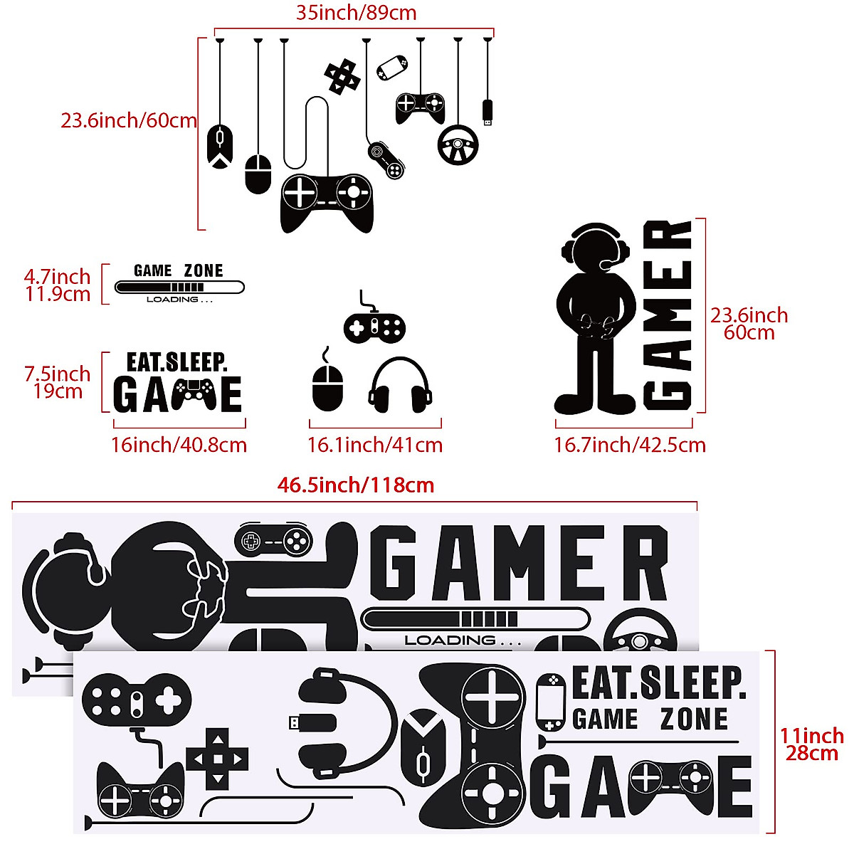 Gamer Sticker, Eat Sleep Game Wall Decal,Gamer with Controller Wall Decal, Game Zone, Video Game, Wall Stickers Mural for Home, Playroom Bedroom Decoration (Black)