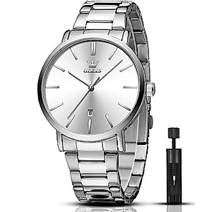 OLEVS Silver Watches for Men Dress Analog Quartz Waterproof Watch Stainless Steel Date Business Luxury Casual Wrist Watches White