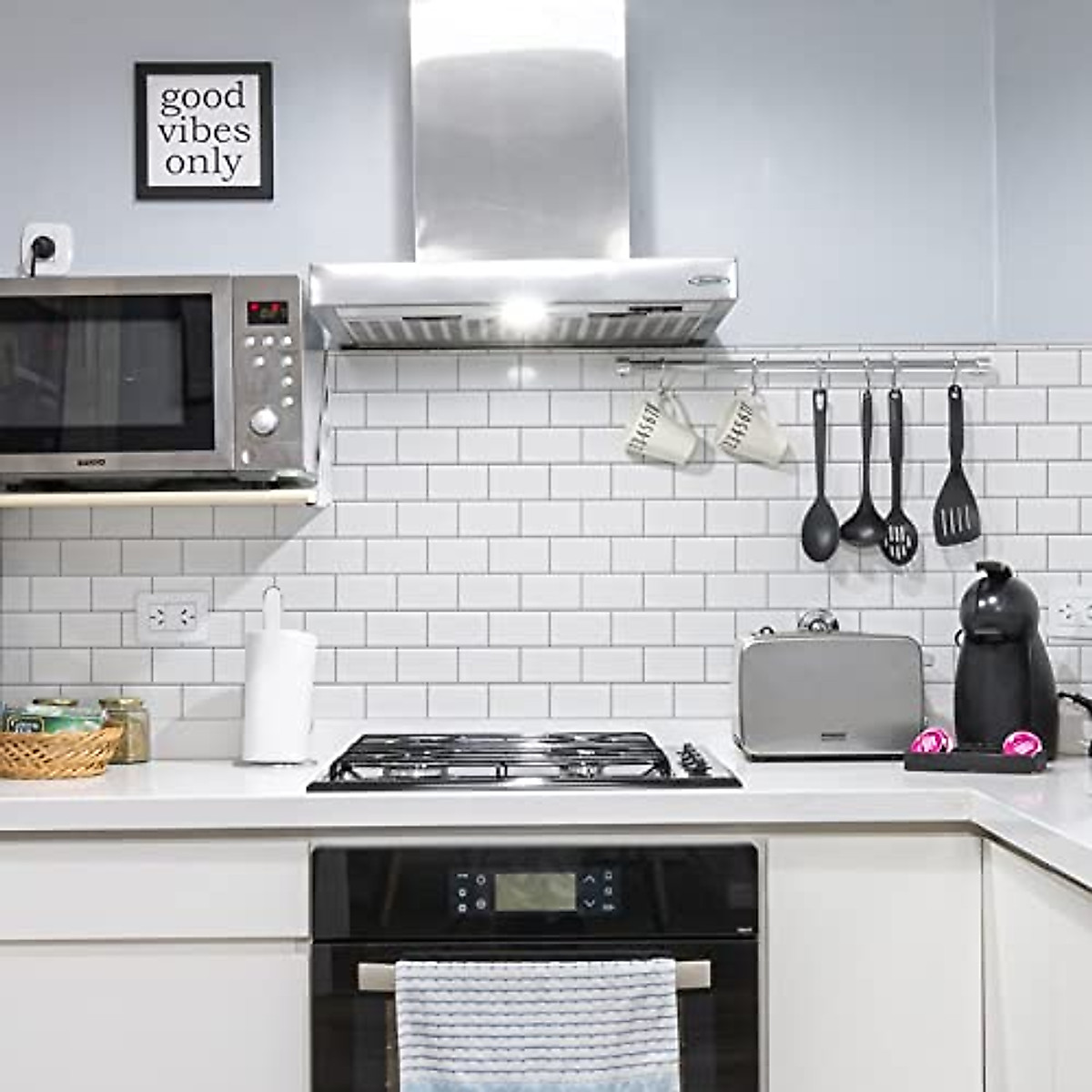 LONGKING 10-Sheet Peel and Stick Tile for Kitchen Backsplash, 12x12 inches Off White Subway Tile with Grey Grout