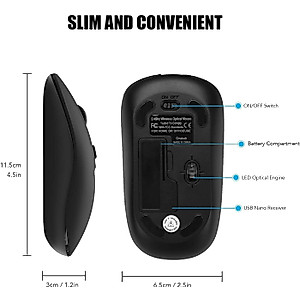 cimetech Wireless Computer Mouse, 2.4G Slim Cordless Mouse Less Noise for Laptop Ergonomic Optical with Nano Receiver USB Mouse for Laptop, Deskbtop, Mac (BAT Black)