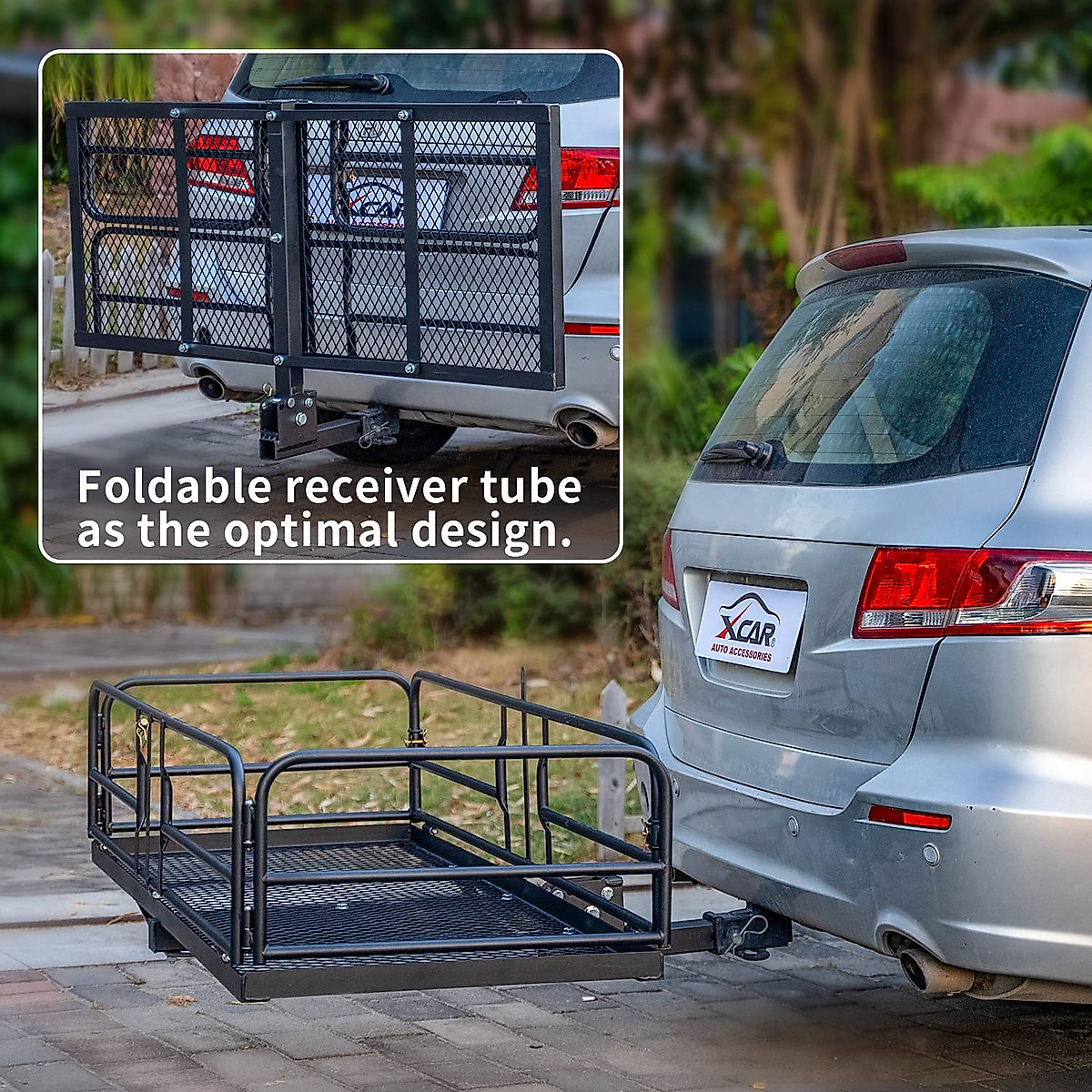 XCAR Hitch Mount Cargo Carrier Rack High Side 59" x 24" x 14" Folding Rear Luggage Basket Fits 2" Receiver for Car SUV Camping Traveling