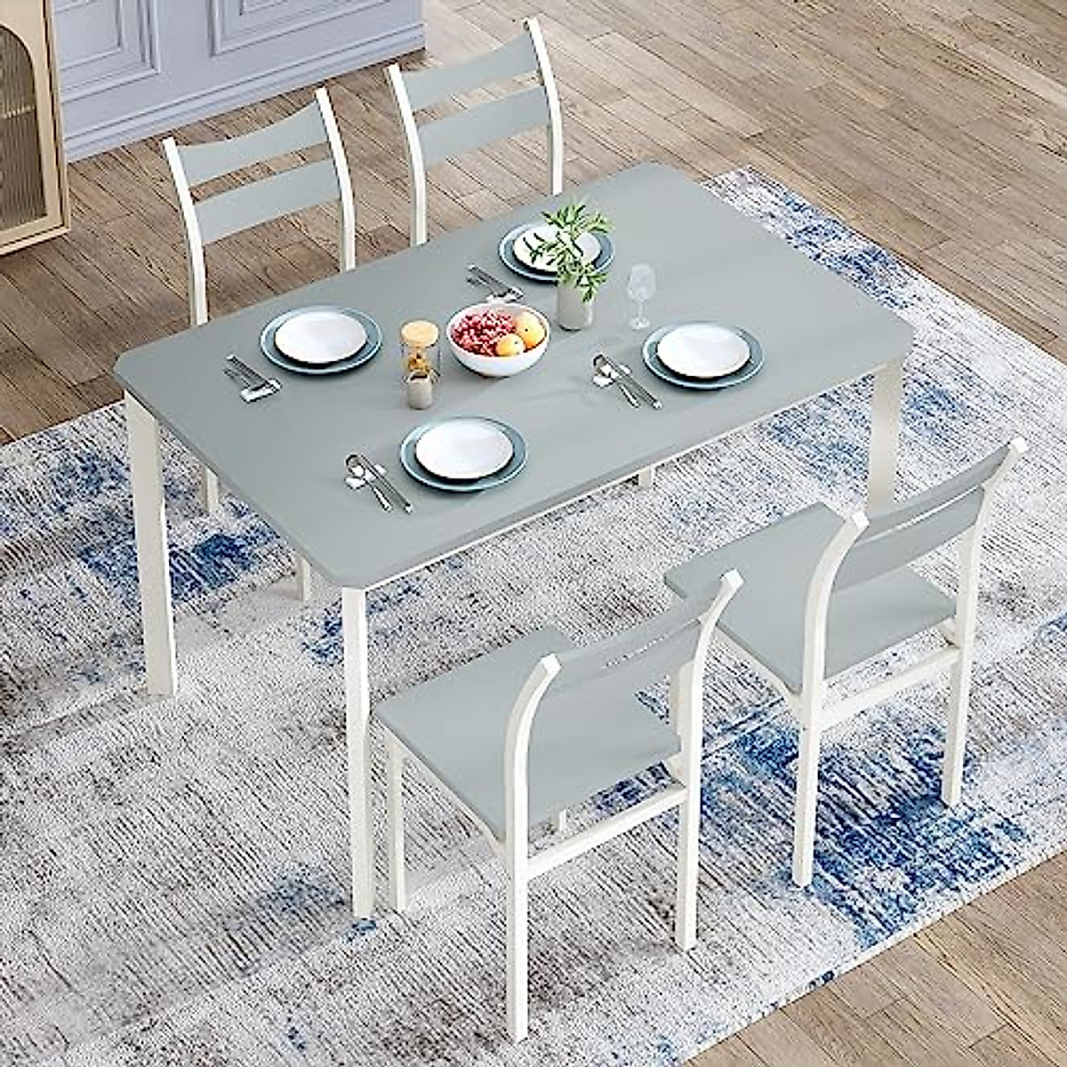 AWQM Dining Table Set for 4, 5 Piece Kitchen Table and Chairs Set for 4 People, Modern Wooden Dining Table with Backrest Chair for Dining Room Kitchen Breakfast Nook, Grey