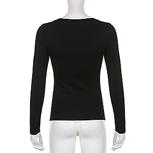 Fairy Grunge Shirts for Women Y2K Tops Long Sleeve Lace Patchwork Tees Teen Girls Vintage Slim Blouse Fall Clothes (A Black, S)