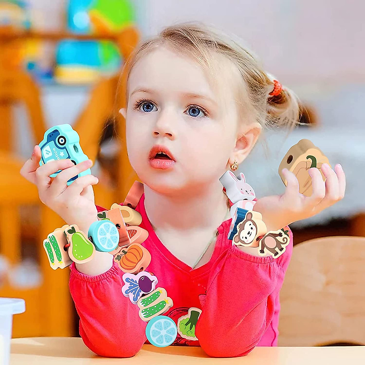 57 PCS Lacing Beads Wooden Primary String Threading Beads Animals Fruits Lacing Toy Preschool Fine Motor Skills Montessori Educational Toy for 3 4 5 6 7 8 Years Old Kids Boys Girls