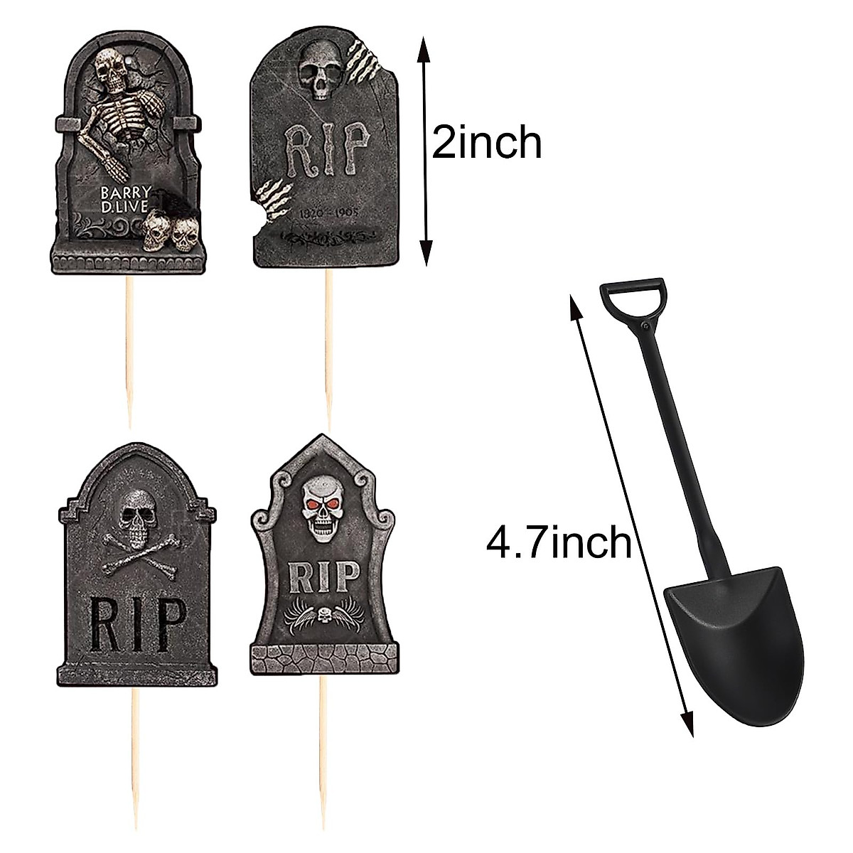 Halloween Cupcake Toppers Cake Decorations Tombstones Graveyard Cupcake Toppers with Novelty Mini Shovel Spoons for Halloween Party, Birthday Party Decoration Supplies 48 Pieces