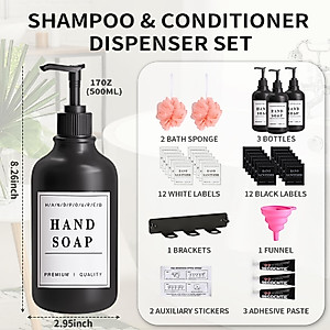 XLHOMO Shampoo and Conditioner Dispenser, Matte Black Body Wash Shower Soap Dispenser Wall Mounted 3 Chamber with Labels Bath Sponge, Drill Free 17oz Plastic Shower Bottles Refillable for Bathroom