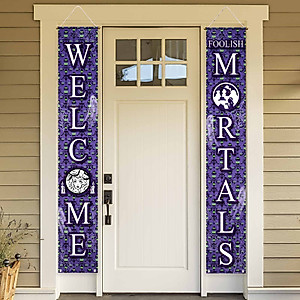 Allenjoy 11.8" x 70.9" 2PCS Purple Manison Welcome Foolish Mortals Porch Sign Door Banner for Halloween Haunted House Birthday Party Supplies Decorations Flag Hanging Home Wall Decor Outdoor Indoor