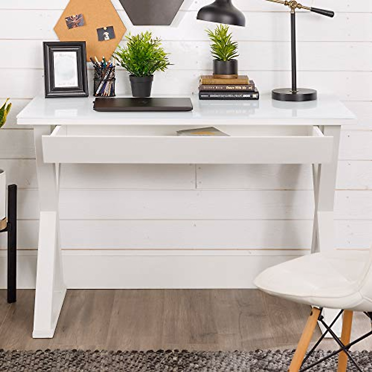 Walker Edison Lawrence Urban Industrial X Leg Glass Top Computer Desk, 48 Inch, White