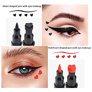 Mysense 2PCS Liquid Eyeliner Stamp Pen Set, Red & Black Heart Stamp Eyeliner Pencil Eye Liner Stencils, Waterproof Smudge-proof Eyeliner for Women Girls Halloween Harley Quinn Costumes Cosplay Makeup