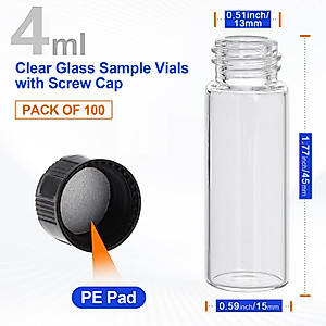 creahub 100 Pack 4ml Glass Vials with Screw Caps, Clear Liquid Sample Vial Bottles, Lab/Travel Storage Vials for Essential Oil, Perfume, Meds, Reagent, Anointing Oil