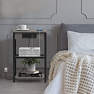 Nightstand with Charging Station, 3 Tier Side End Table with USB Ports and Outlets, Side Table Living Room with Storage shelf Modern Bedside Tables with USB for Bedroom Study, Dark Gray and Black