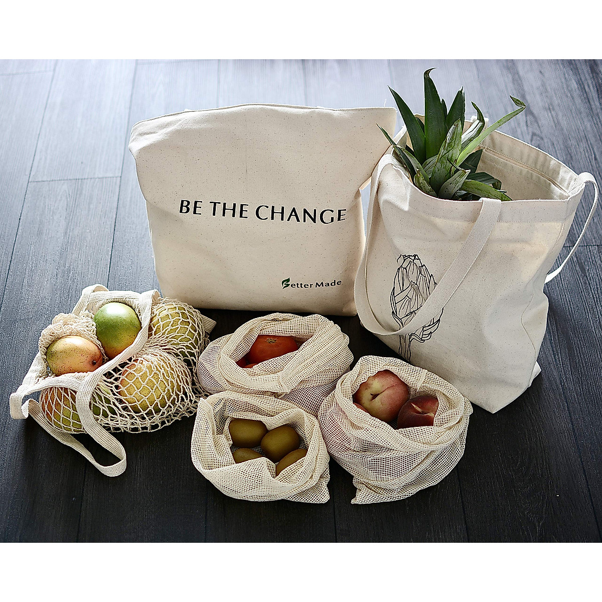Organic Cotton Grocery Bag Value Bundle: Durable Washable Canvas Totes, Mesh Bags w/tare weight labels- 6pcs