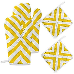 4PCS Oven Mitts and Pot Holders Sets, Yellow & White Stripes Oven Mitts Set Heat Resistant Kitchen Microwave Gloves Safe for Baking,Cooking, BBQ