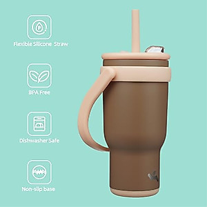 Konokyo 30 oz Tumbler with Side Handle, Insulated Water Bottle with Straw and 2 in 1 Lid, Stainless Steel Cup Travel Coffee Mug for Sports Office Gym,Brown