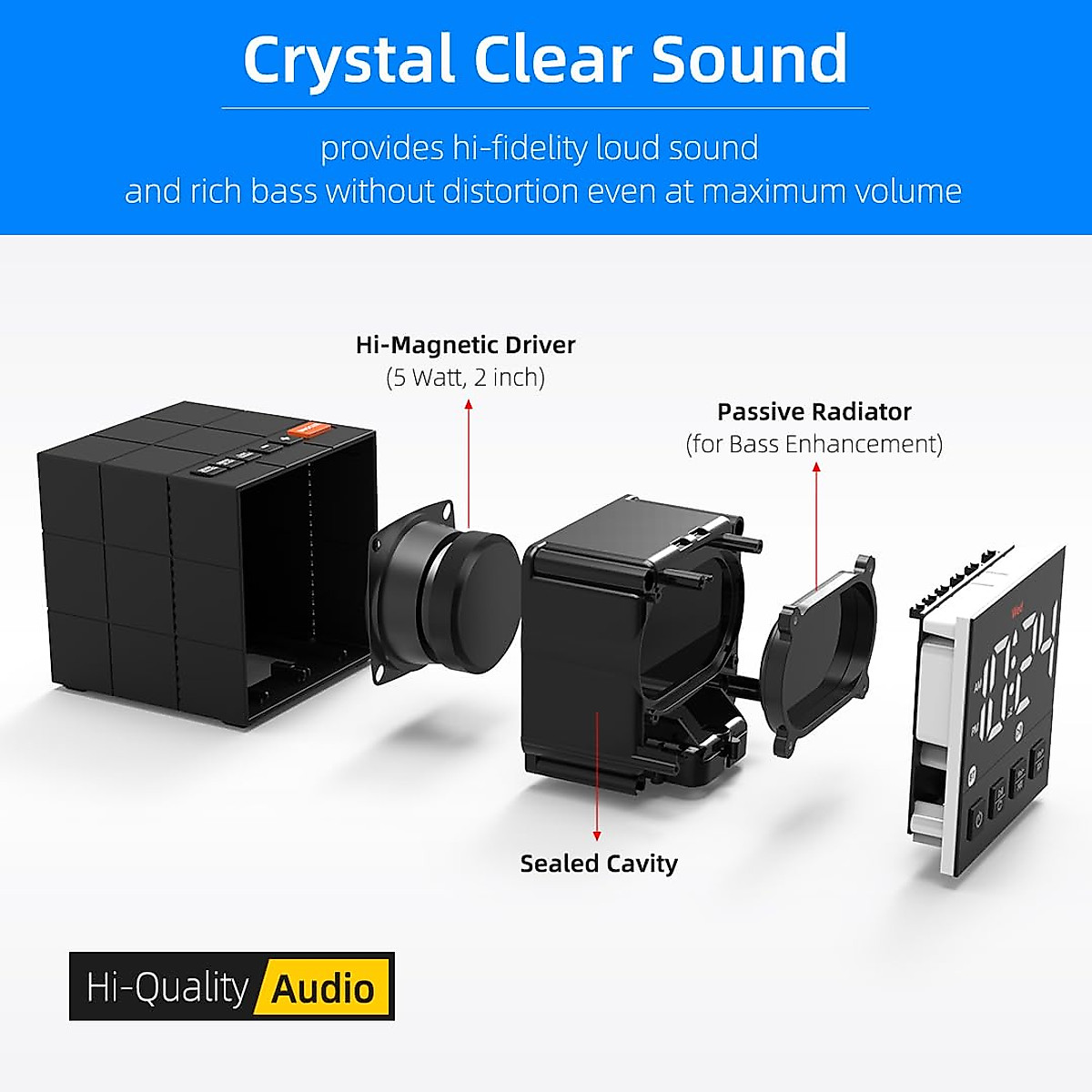 Loud Alarm Clock Bluetooth Speaker with Crystal-Clear Sound, Rich Bass, Dimmable LED Display, Small Bedside Digital Clock for Bedroom | Super Loud Alarm Clock for Heavy Sleepers, Adults, Teens - Black