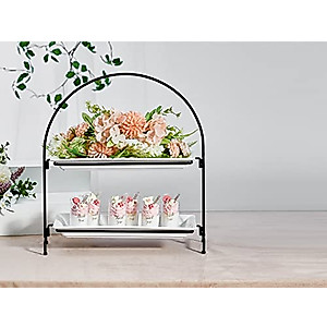 ONEMORE 2-Tier Large Serving Tray, Collapsible Arch Food Display Two Tiered Tray Stand with Rectangular Ceramic Platters Perfect for Parties and Entertaining - Bright White