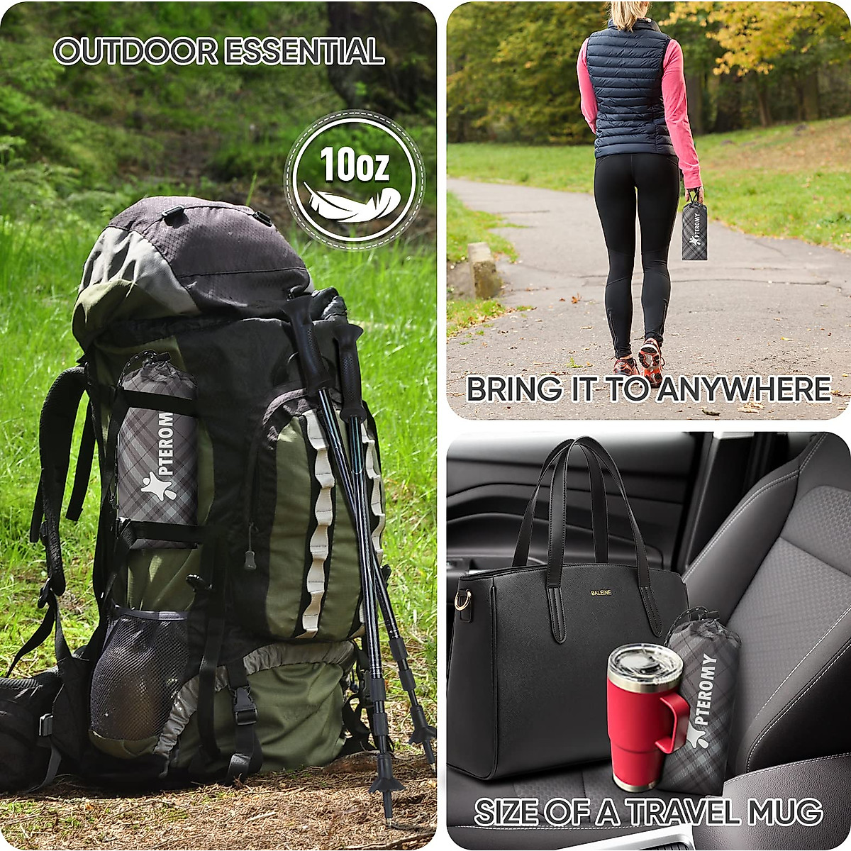 PTEROMY Hooded Rain Poncho for Adult with Pocket, Waterproof Lightweight Unisex Raincoat for Hiking Camping Emergency (Grey Grid)