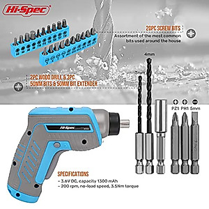 Hi-Spec 27pc 3.6V Blue USB Power Electric Screwdriver, Mini Drill and Small Drills Cordless with Driver Bit Set