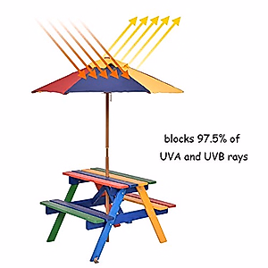 gotoplay Kids Picnic Table Set w/Removable & Foldable Umbrella, Outside Table Set with Benches, Wooden Table and Bench Set for Toddler Boys Girls (Colorful)