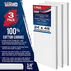 U.S. Art Supply 24 x 48 inch Stretched Canvas 12-Ounce Primed 3-Pack - Professional White Blank 3/4" Profile Heavy-Weight Gesso Acid Free Bulk Pack - Painting, Acrylic Pouring, Oil Paint