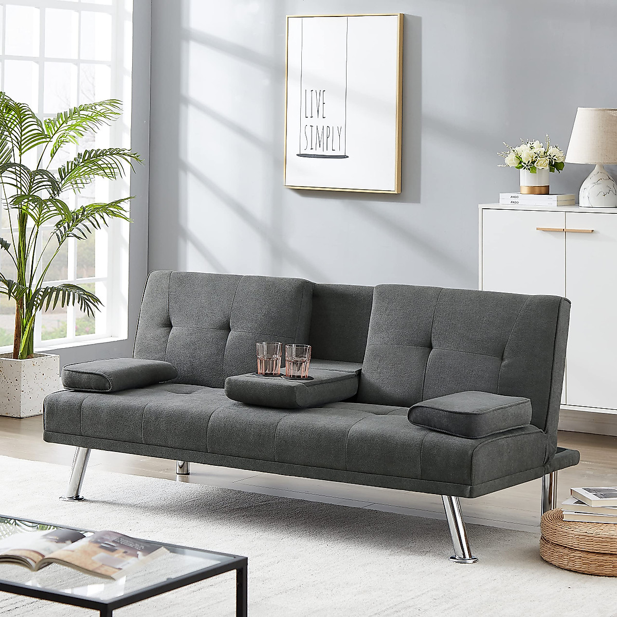 DKLGG Convertible Futon Sofa Bed, Upholstered Sofa Couch, Recliner Loveseat Folding Daybed with 2 Cup Holders and Removable Armrests Sleeper Sofa for Small Space, Home, Living Room, Dark Gray