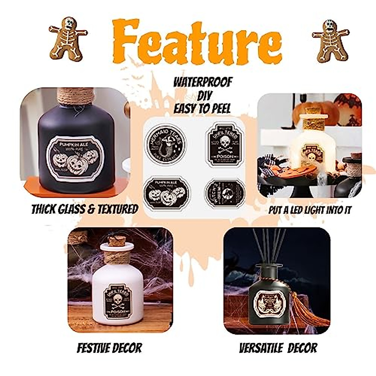 Halloween Decorations Indoor - Halloween Tiered Tray Decor - 3 pcs Glass Potion Bottles with 6pcs Stickers - Black and White Apothecary Bottles - Halloween Decorations for Party Home Table Kitchen