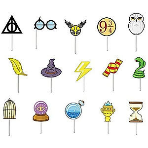 Birthday Party Decoration Boys Magical Wizard Themed Party Decorations Happy Birthday Banner Cupcake Toppers Balloons Party Supplies For Harry Magical Potter Birthday (Golden)