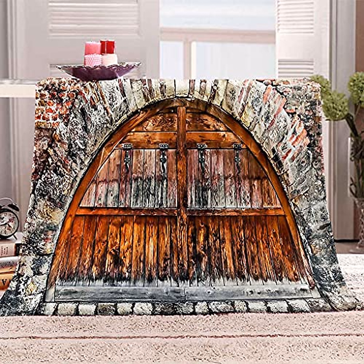 NARBOR Soft Fleece Throw Blanket - Fluffy Microfiber Solid Blankets for Bed and Couch Double/Single Size - 59X79Inch Arched Wooden Door Printed Flannel Blanket for Bed, Couch and Sofa