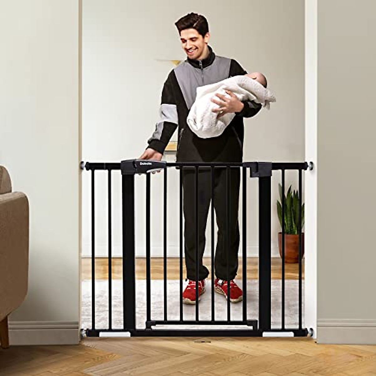 BABELIO 26-40 Inch Easy Install Extra Wide Pressure Mounted Metal Baby Gate, No Drilling, No Tools Required, with Wall Protectors and Extenders (Black)
