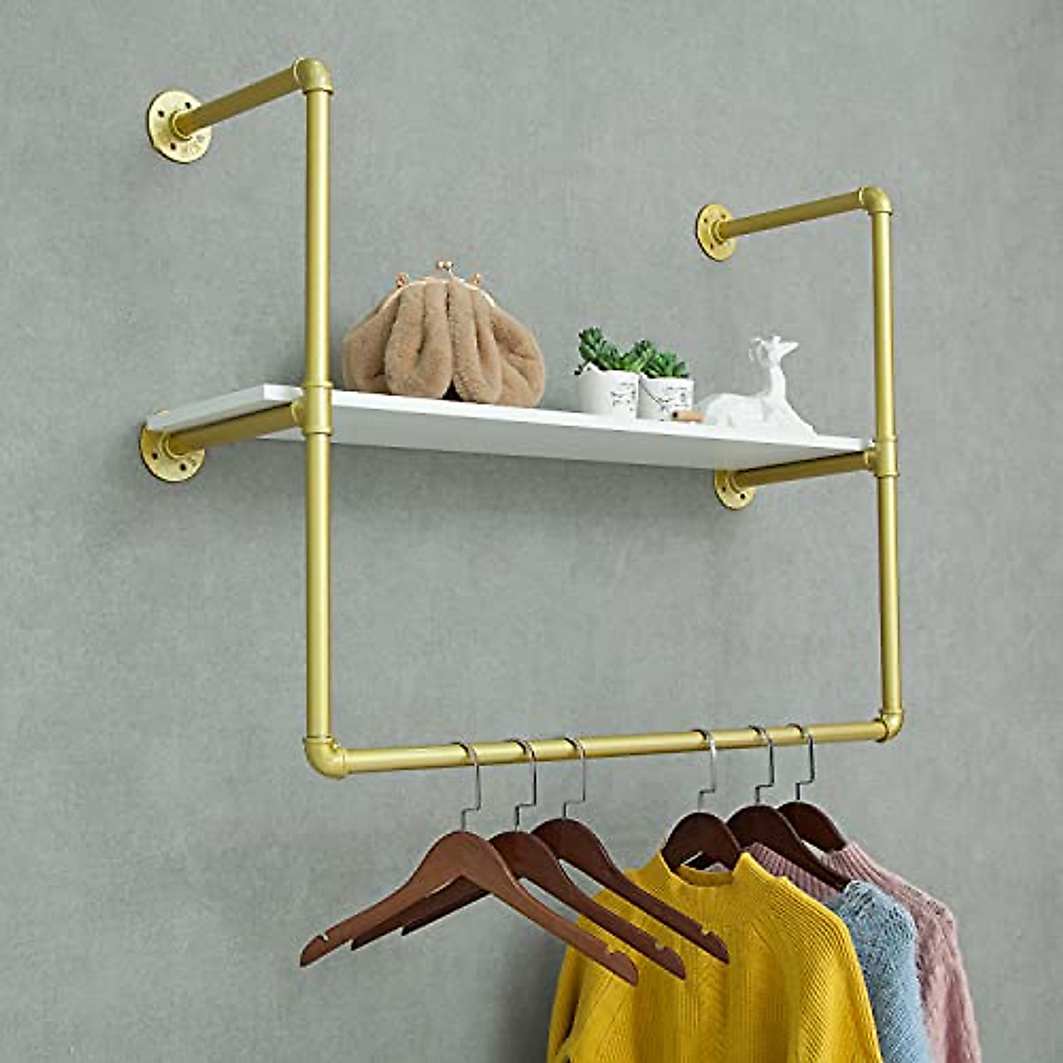 Industrial Pipe Wall Mounted Garment Rack with Top Shelf, Detachable Pipe Clothes Rack, Space-Saving Hanging Bar, Detachable Multi-Purpose Rod for Closet Storage, Gold, 47.2x10 Inches