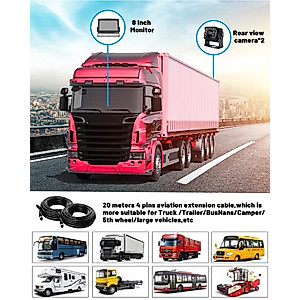 Dual Backup Camera System 8 Inch Monitor with 65FT Video Cable, AHD 1080P Night Vision Waterproof Rear View Cam for Truck/Trailer/Semi-Trailer/Box Truck/RV/Pickup Truck 12-24V