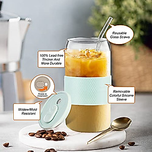 Vozoka 20oz Beer Can-Shaped Cup with Silicone Lids and Sleeve, Iced Coffee Cup Reusable, Glass Tumbler, Drinking Glass, Smoothie Cups, Tea Cup (Sky Blue)