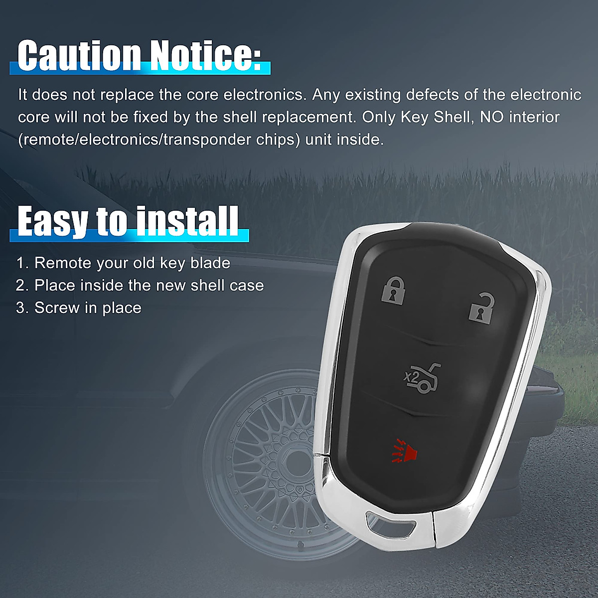 X AUTOHAUX Car Replacement Key Fob Shell Case HYQ2AB for Cadillac XTS 2015-2018 for Cadillac ATS 2015-2018 for Cadillac CTS 2014-2018 4 Key Button Black