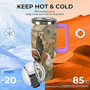 LLUTSNTH 40 Oz Vacuum Tumbler with Violet Handle Leakproof Insulated Tumbler Chickens And Farm Stainless Steel Travel Mug with Lid And Straw Coffee Cup Cute Water Bottles Cup Holder Friendly