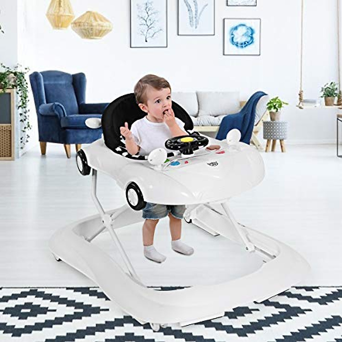 HONEY JOY Baby Walker, Foldable Seated Walker with Wheels, Adjustable Height, Steering Wheel w/Horn, Music & Lights, Removable Food Tray, Padded Seat, Car Walker for Baby Boy Girl Age 6 Months+