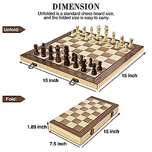 LEAP Magnetic Wooden Chess Sets 15 inch Foldable Chess Board 3 inch King Height Chess Pieces Travel Chess Sets, Chess Board Set with 2 Extra Pieces and Storage Slots for Kids, Adults