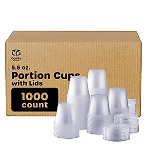 Comfy Package [Case of 10/100 Count] 5.5 oz. Plastic Disposable Portion Cups with Lids Soufflé Cups
