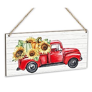 Pumpkin Sunflower Truck Welcome Fall Hanging Sign Wooden Home Decor Plaque, Outdoor Indoor Wood hanging Sign for Thanksgiving, Autumn Harvest Wooden Front Door Sign Wall Porch Farmhouse Decor -28