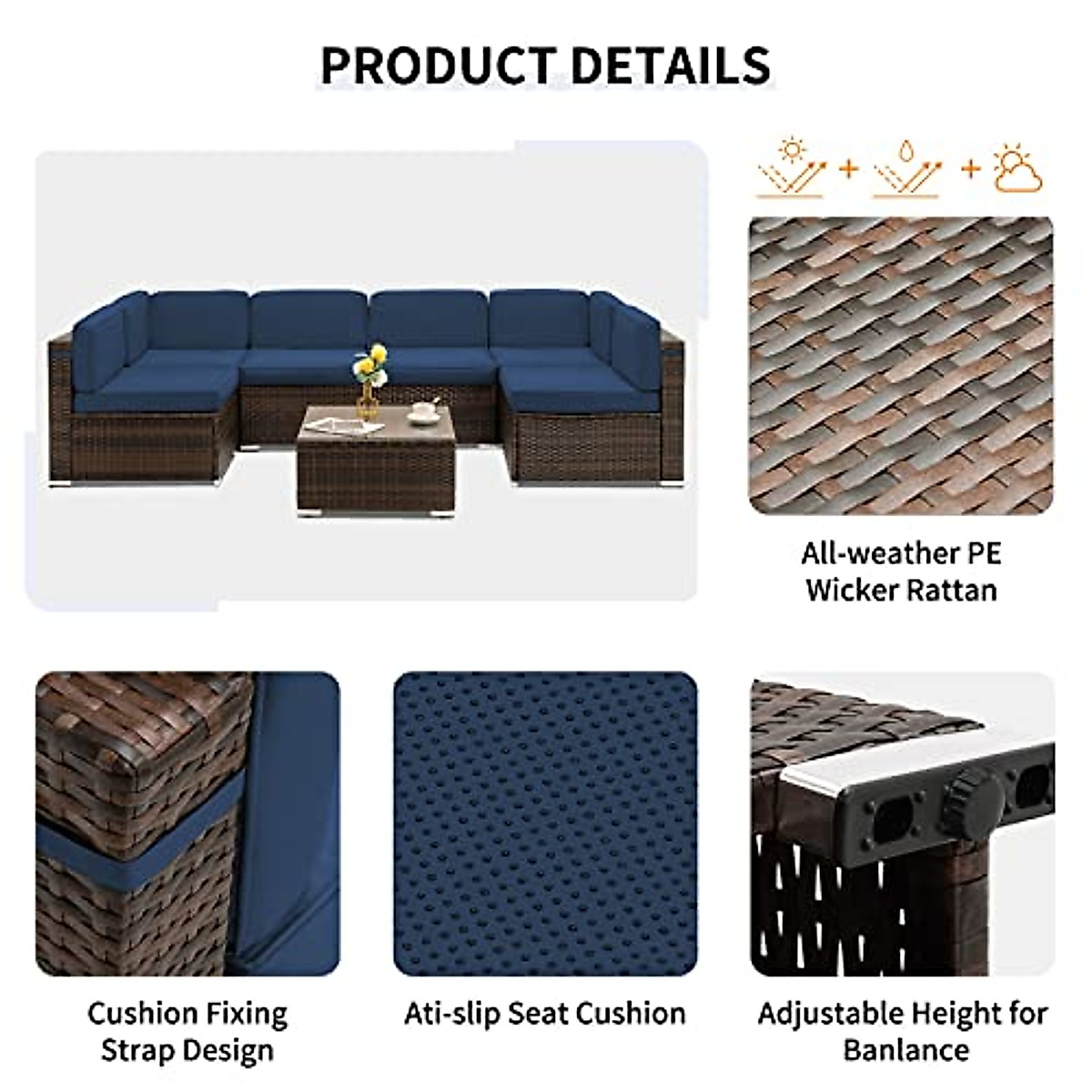 UDPATIO Outdoor Patio Furniture Sets 7 Pieces Outdoor Sectional Couch, PE Rattan Sofa Wicker Patio Conversation Sets with Cover for Yard Deck Balcony Poolside w/Coffee Table Thickened Cushions, Navy