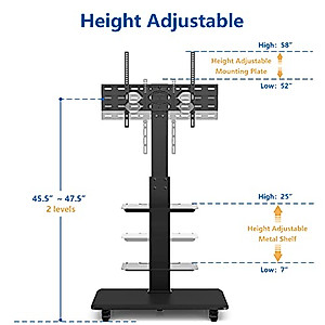 Rfiver Rolling Floor TV Stand with Swivel Mount for 40-75 Inch Flat Screen/Curved TVs, 3-Shelf Heavy Duty Portable Mobile TV Cart with Wheels, Black Universal Tall TV Mount Trolley for Home and Office