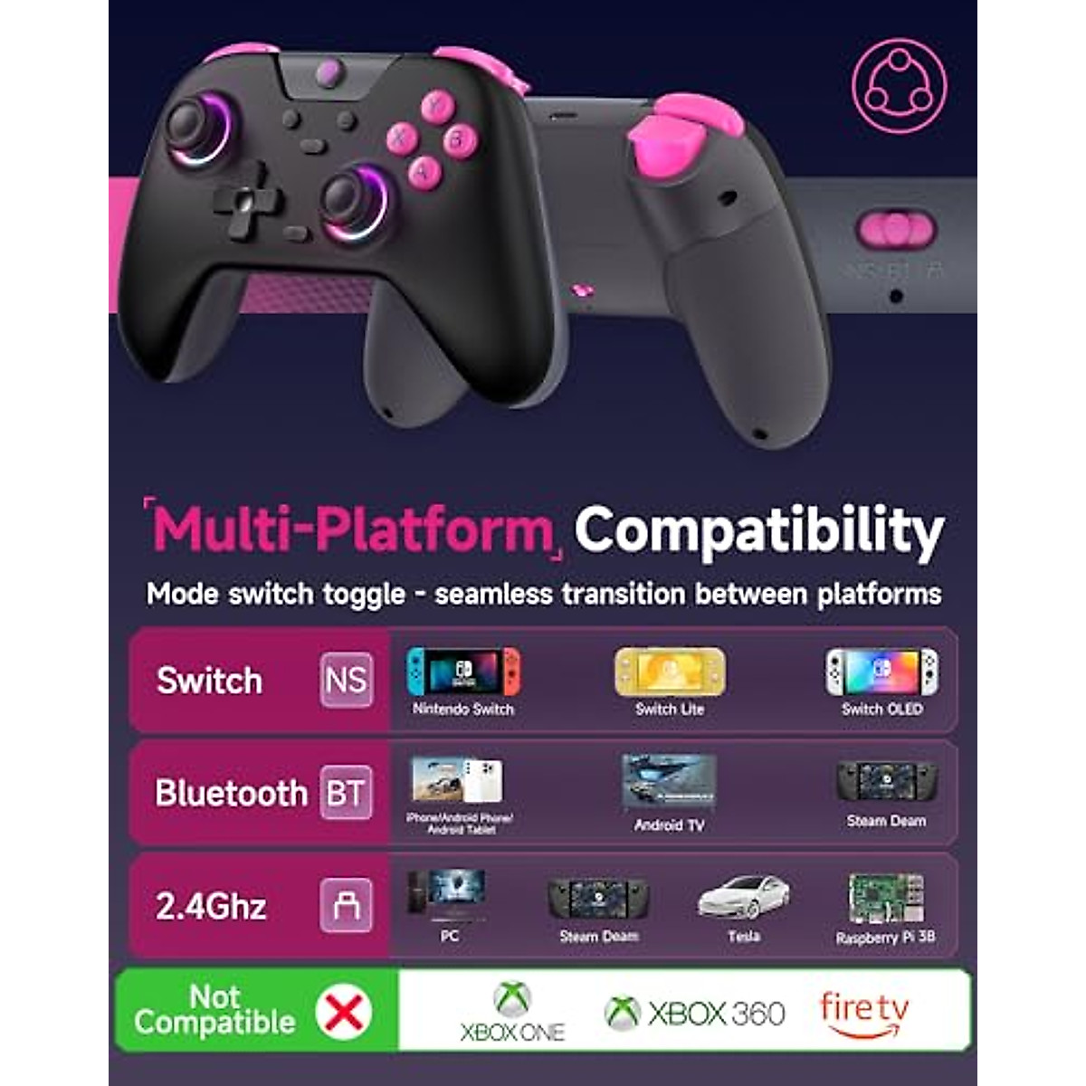 EasySMX X05 2.4g Wireless Gaming Controller for PC/Steam/iPhone/Android/Switch - Bluetooth Controller Gamepad with Hall Effect, RGB Lights and Turbo, Anti-Drift Controller