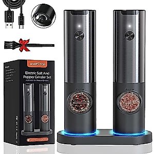 [2023 𝐔𝐩𝐠𝐫𝐚𝐝𝐞𝐝] Electric Salt and Pepper Grinder Set Rechargeable, No Battery Needed, One Hand Operation, Automatic Pepper Mill Refillable, Stainless Steel, Adjustable Coarseness, LED Light