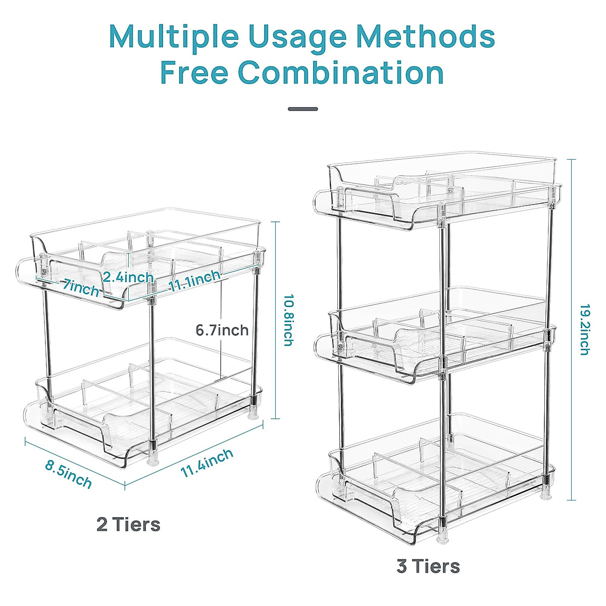 Vtopmart 3 Pack 2 Tier Bathroom Under Sink Organizers and Storage, Clear Kitchen Pantry Organization, Pull Out Medicine Cabinet Organizer with Movable Dividers