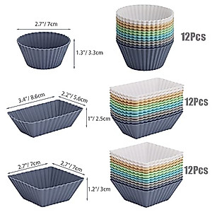 36Pack Silicone Cupcake Liners, Reusable Baking Muffin Cups, Food-Grade Silicone Mold Bento Lunch Box Divider for Kids-Round,Square,Rectangle,BPA Free, Neutral Color-White Beige Green Blue Grey)